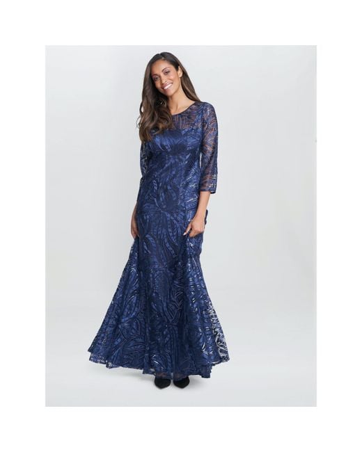 Gina Bacconi Isabel Maxi Embroidered Fit And Flare Dress in Blue | Lyst UK