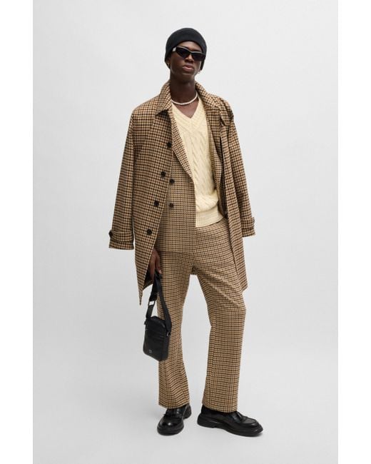HUGO Houndstooth-check Regular-fit Coat With Concealed Closure in Brown for Men | Lyst