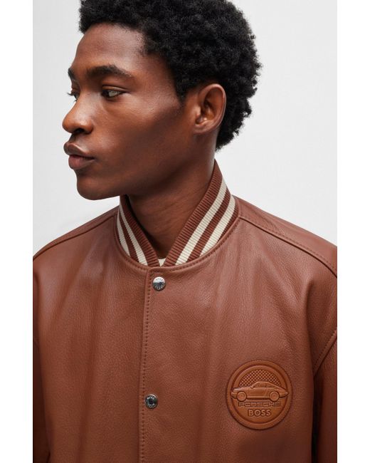 BOSS by HUGO BOSS Porsche X Leather Jacket With Special Branding in Brown for Men | Lyst