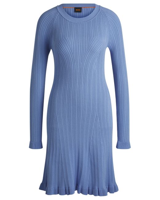 BOSS Long-sleeved Knitted Dress With Ribbed Structure in Blue | Lyst