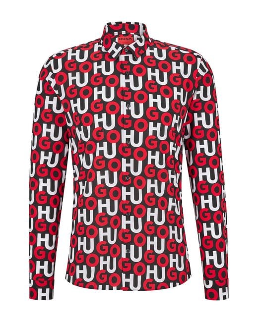 BOSS Extra-slim-fit Shirt In Logo-print Cotton Poplin in Red for Men ...