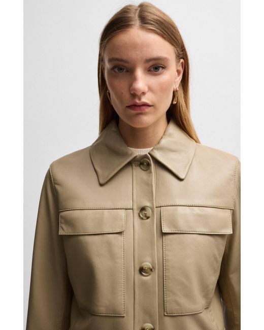 BOSS Leather Jacket With Contrast Cuffs And Buttoned Closure in Blue | Lyst