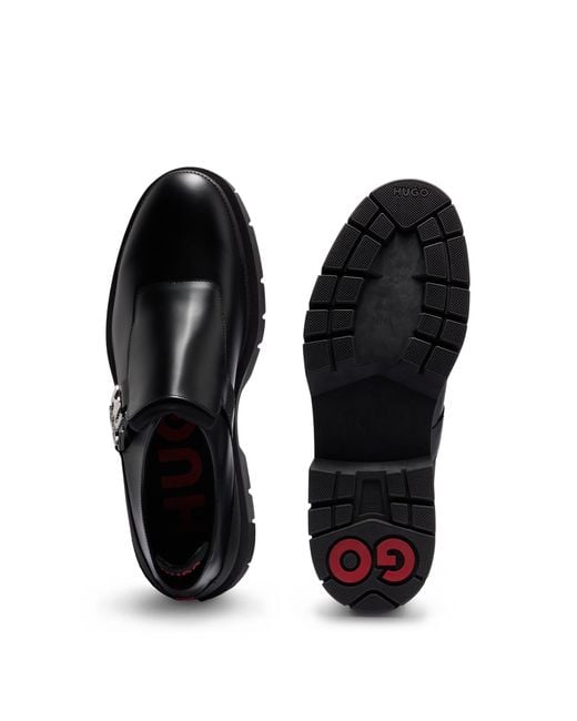 HUGO Stacked-logo Monk Shoes In Brush-off Leather in Black for Men ...
