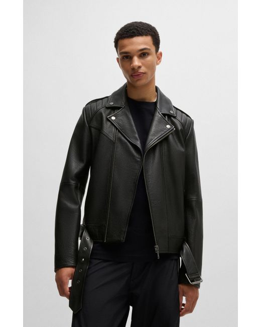 HUGO Buffalo-Leather Jacket With Contrast Lining in Black for Men | Lyst