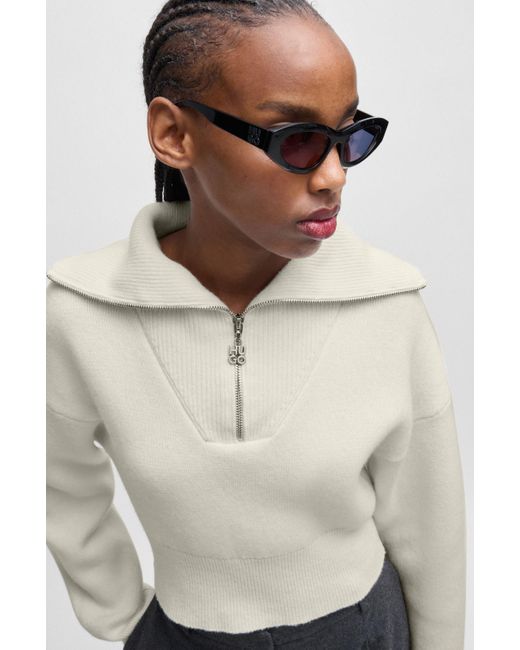 HUGO Cropped Sweater With Stacked-Logo Zip Puller in Natural | Lyst