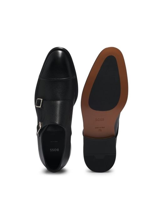 BOSS Italian-made Double-strap Monk Shoes In Grained Leather in Black ...