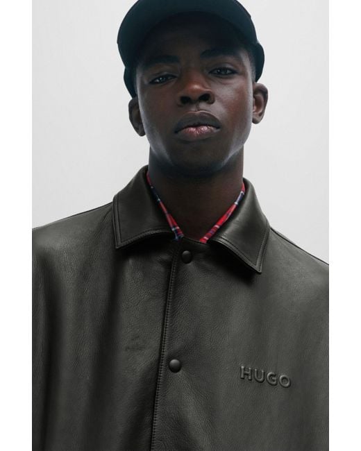 BOSS by HUGO BOSS Leather Varsity Jacket With Oversized Embossed Logo ...