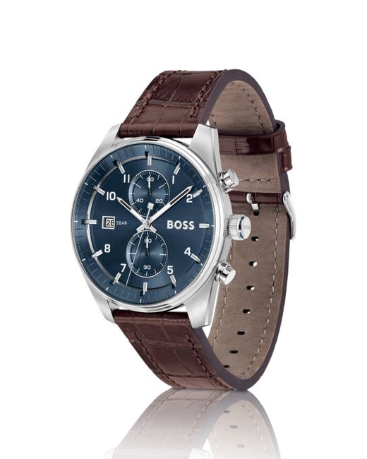 BOSS Blue-dial Chronograph Watch With Alligator-emed Leather Strap Men ...