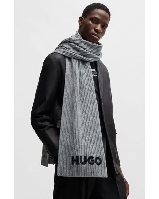 HUGO Ribbed Scarf In Wool With Embroidered Logo in Gray for Men | Lyst