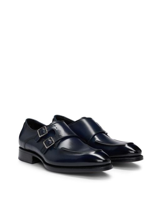 BOSS Double-strap Monk Shoes In Leather With Heel Detail in Blue for ...