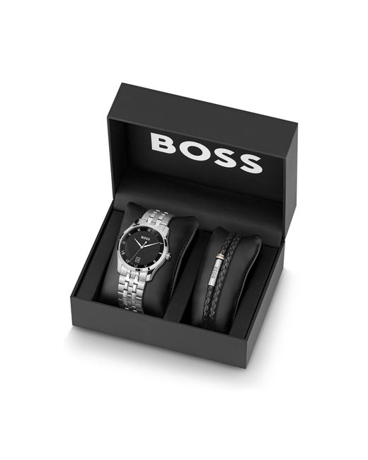 BOSS Knurled Dial Watch And Braided Leather Cuff Gift Set in Black for Men Lyst UK