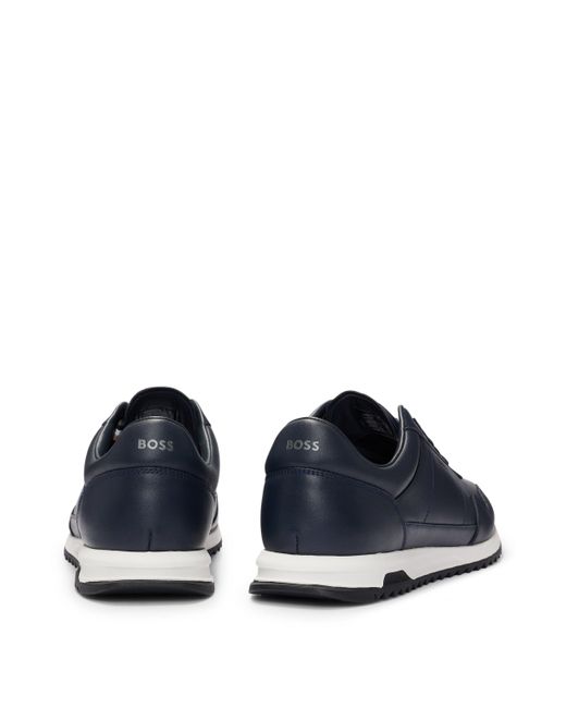 BOSS Leather Trainers With Knurled Sole And Signature Details in Blue ...