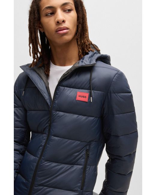HUGO Slim-fit Water-repellent Puffer Jacket With Logo Trim in Blue for ...