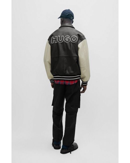 BOSS by HUGO BOSS Leather Varsity Jacket With Oversized Embossed Logo ...