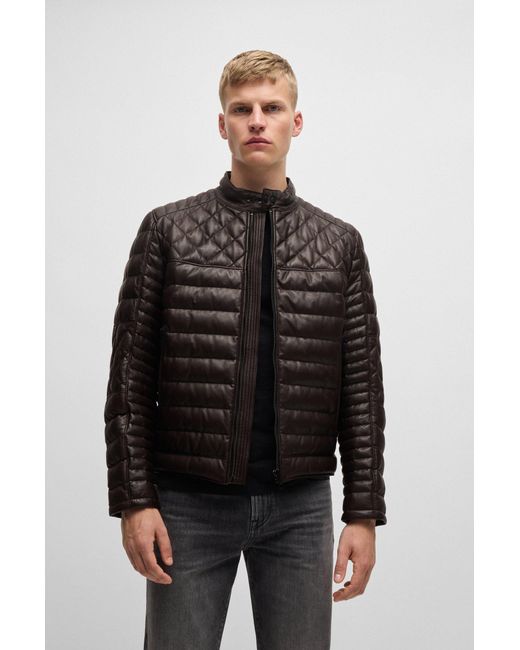 BOSS Nappa Leather Jacket With Stand Collar in Black for Men | Lyst UK