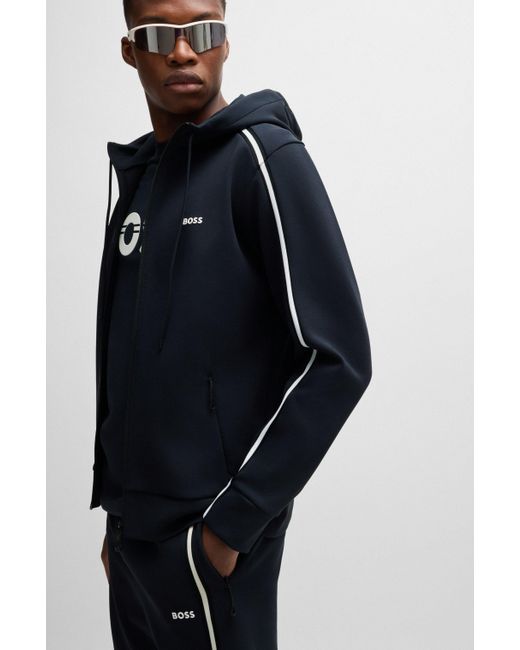 BOSS Zip-up Hoodie With Tape Inserts in Blue for Men | Lyst