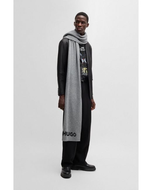 HUGO Ribbed Scarf In Wool With Embroidered Logo in Gray for Men | Lyst