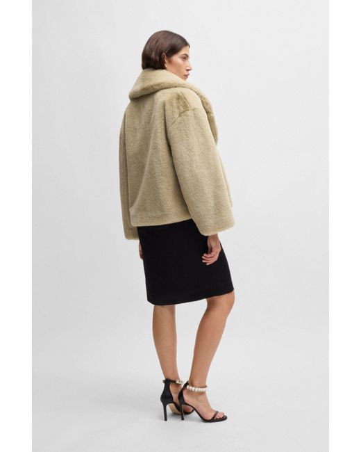 BOSS Cropped Coat In Plush Teddy Fabric in Natural | Lyst