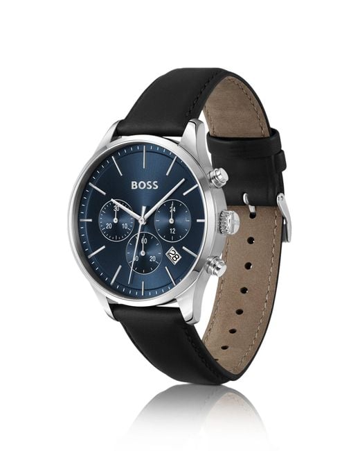 BOSS Leather-strap Chronograph Watch With Blue Dial for Men | Lyst UK