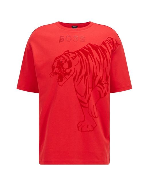 BOSS Organic-cotton T-shirt With Tiger Graphic And Rhinestone Logo in ...