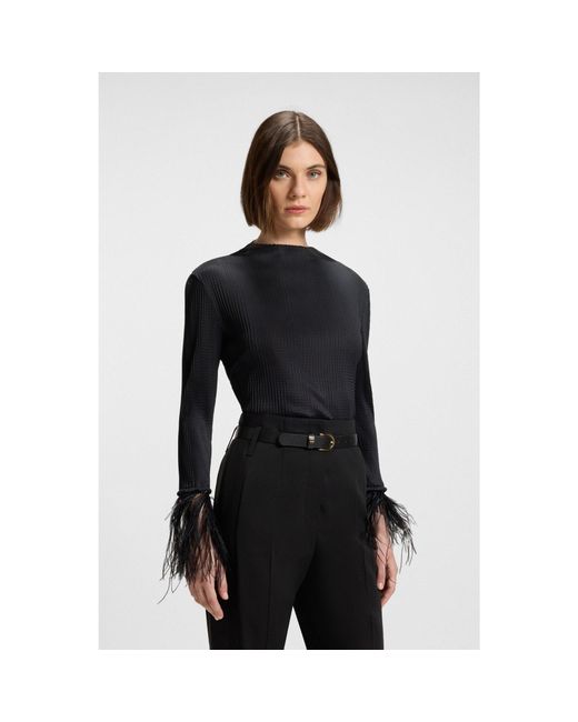 BOSS Plissé Jacquard Top With Detachable Feather Cuff Trims in Black ...