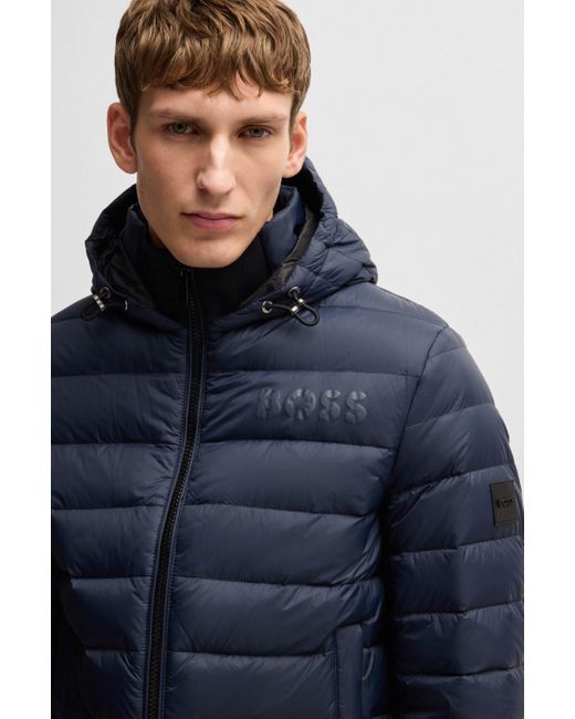 BOSS Water-repellent Down Jacket With Tonal Logo in Blue for Men | Lyst