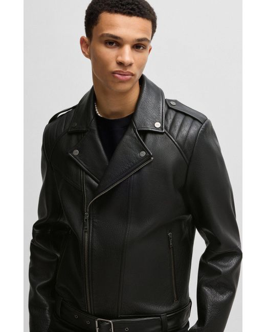 HUGO Buffalo-Leather Jacket With Contrast Lining in Black for Men | Lyst