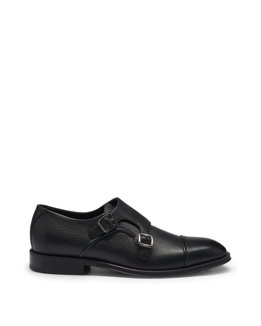 BOSS Italian-made Double-strap Monk Shoes In Grained Leather in Black ...