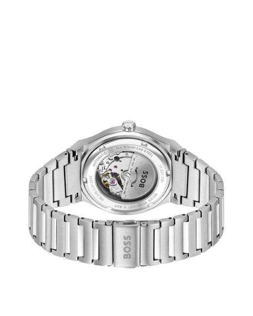 BOSS Silver-tone Automatic Watch With White Grooved Dial Men's Watches ...