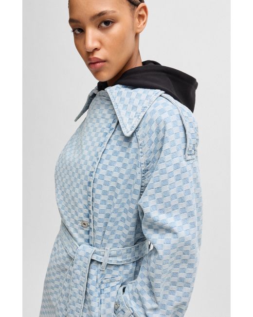 HUGO Denim Trench Coat With Checkerboard Jacquard in Blue | Lyst