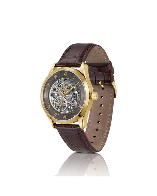 BOSS Tone Automatic Watch With Skeleton Dial in Brown for Men | Lyst UK