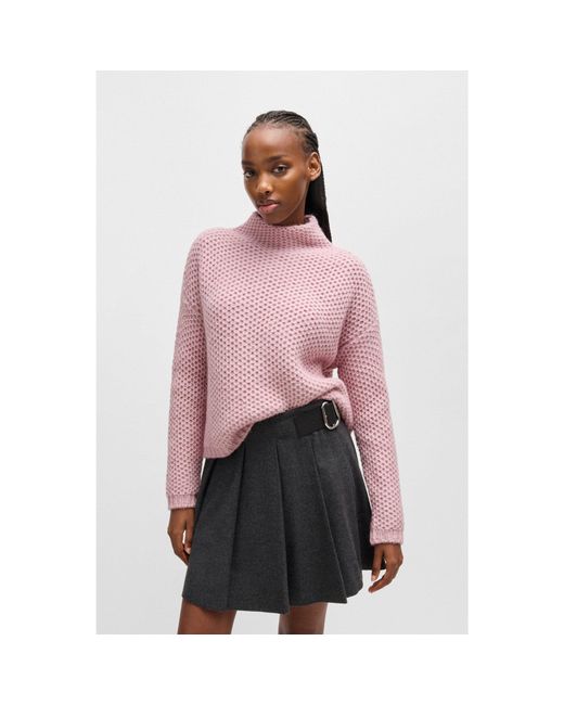 HUGO Funnel-Neck Sweater With Rice-Corn Structure in Pink | Lyst UK
