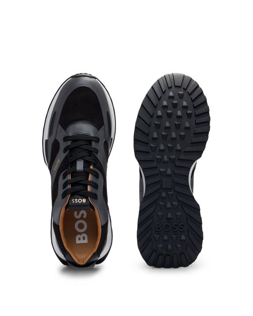 BOSS Leather Trainers With Layered Uppers And Padded Collar in Black ...