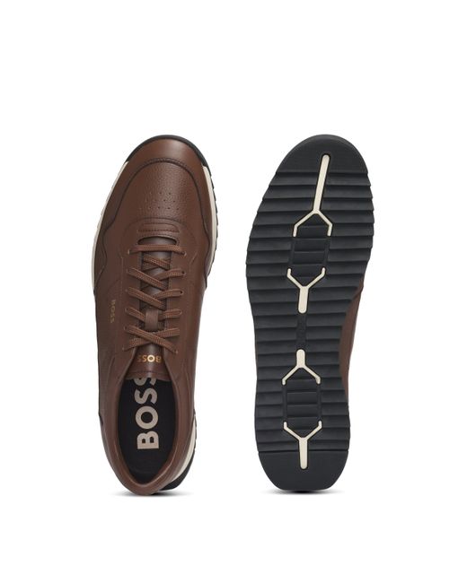BOSS Tumbled-leather Lace-up Trainers With Plain Trims in Brown for Men ...