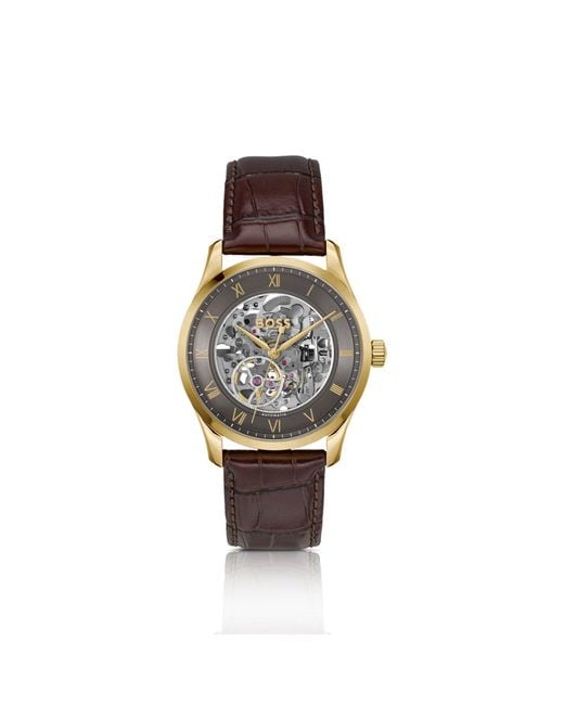 BOSS Tone Automatic Watch With Skeleton Dial in Brown for Men | Lyst UK