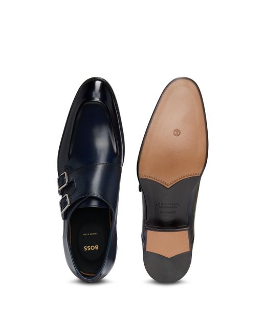 BOSS Double-strap Monk Shoes In Leather With Heel Detail in Blue for ...