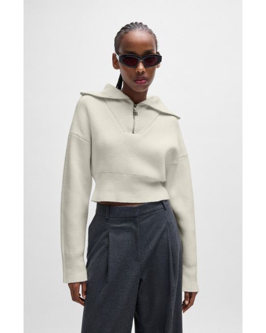HUGO Cropped Sweater With Stacked-Logo Zip Puller in Natural | Lyst