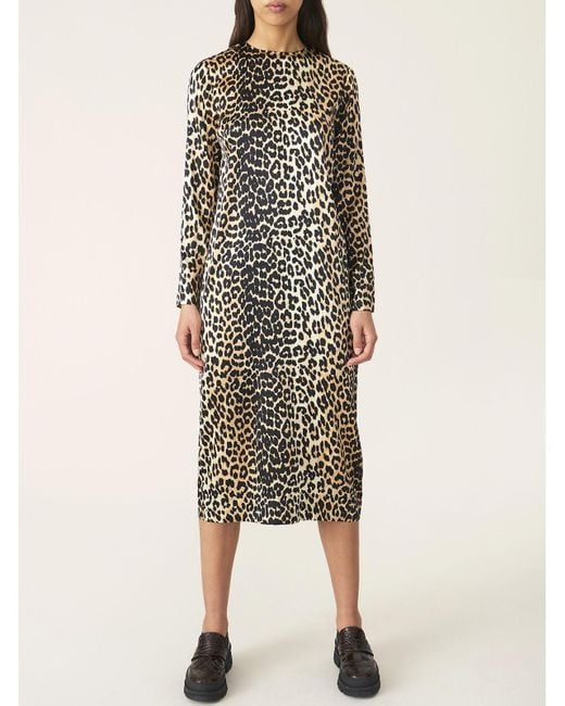 Ganni Leopard Print Silk Blend Satin Midi Dress Save 30 Lyst