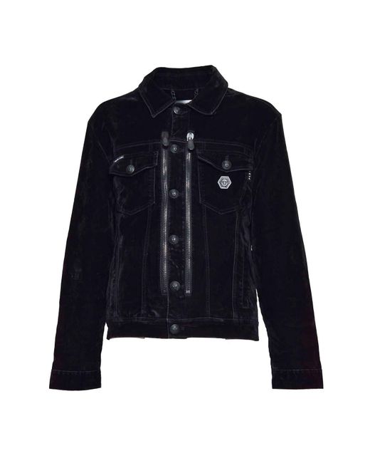 Philipp Plein Logo Embellished Zipped Denim Jacket in Blue for Men | Lyst