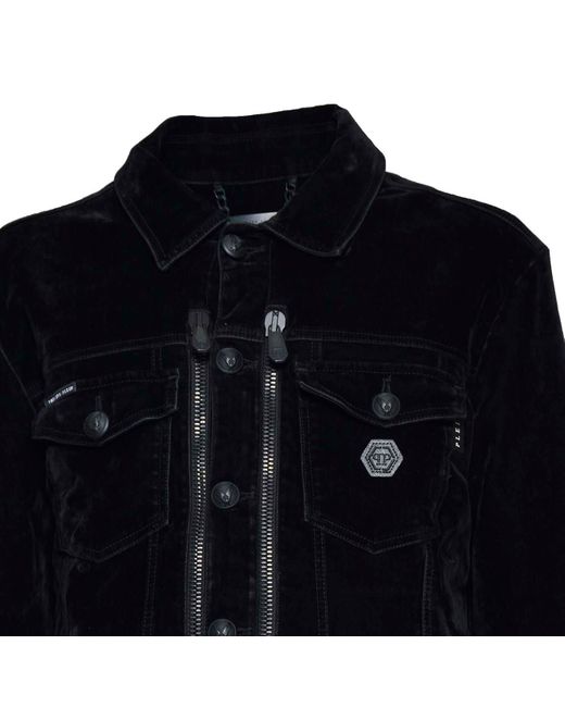 Philipp Plein Logo Embellished Zipped Denim Jacket in Blue for Men | Lyst