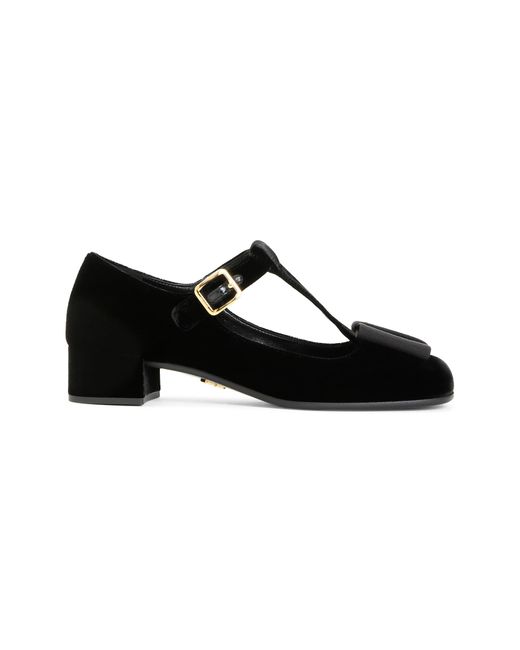 Prada T-Strap Logo Bow Velvet Pumps in Black | Lyst