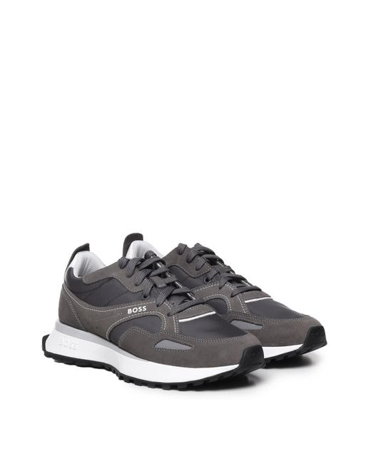 BOSS Mixed Materials Sneakers With Suede And Branded Trim in Gray for ...