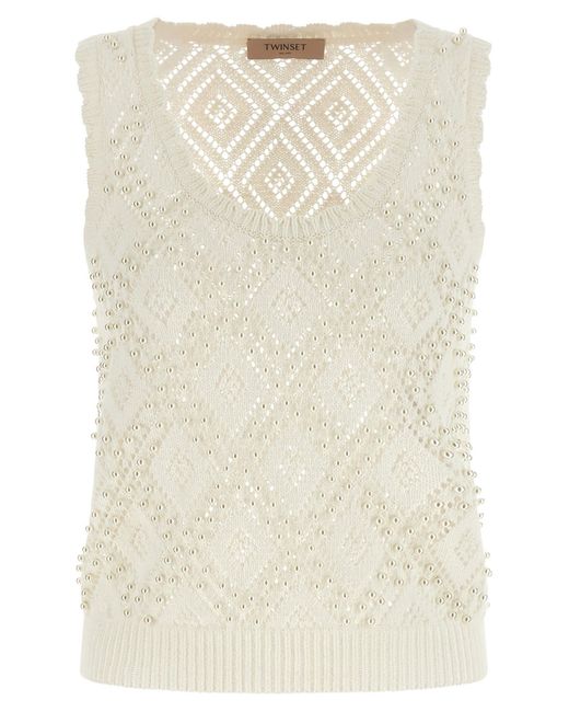 Twinset Pearl Top in Natural | Lyst