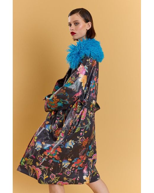 Jayley Faux Suede Embroidery Effect Trench Coat in Blue | Lyst UK
