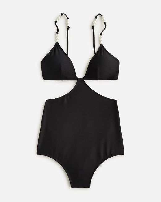 J Crew Ribbed Cutout One Piece Swimsuit With Pearls In Black Lyst