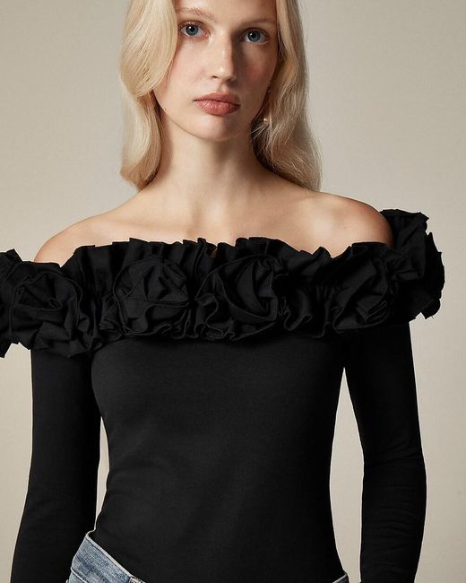 J.Crew Stretch Cotton-Blend Off-The-Shoulder Top With Rosettes in Black ...