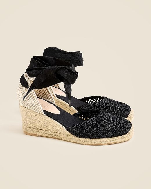 J.Crew Made-In-Spain Crochet Lace-Up Espadrille Wedges in Black | Lyst