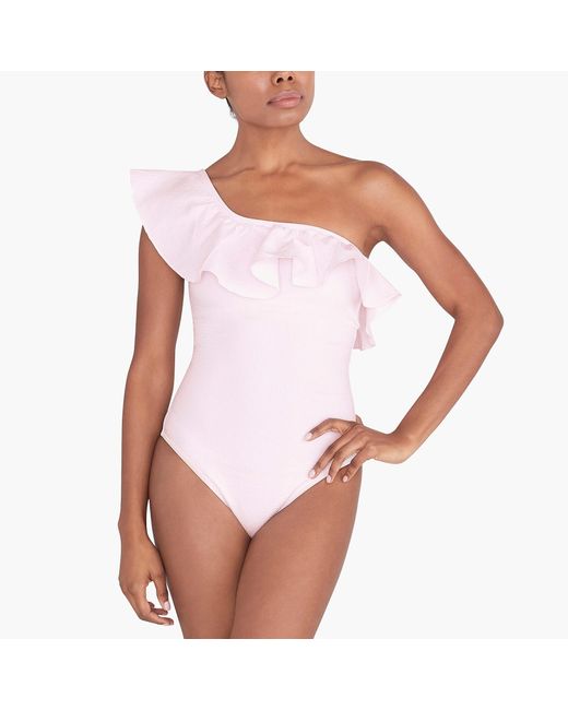 J Crew Seersucker Ruffle One Shoulder One Piece Swimsuit In White Lyst
