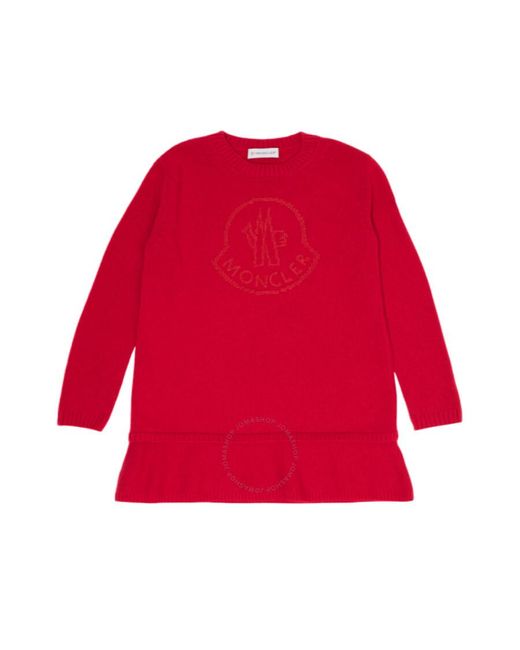 Moncler Girls Logo-embroide Virgin-wool Dress in Red | Lyst