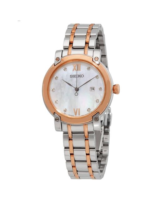 Seiko Quartz Crystal Mother Of Pearl Dial Watch In Black Gold Tone